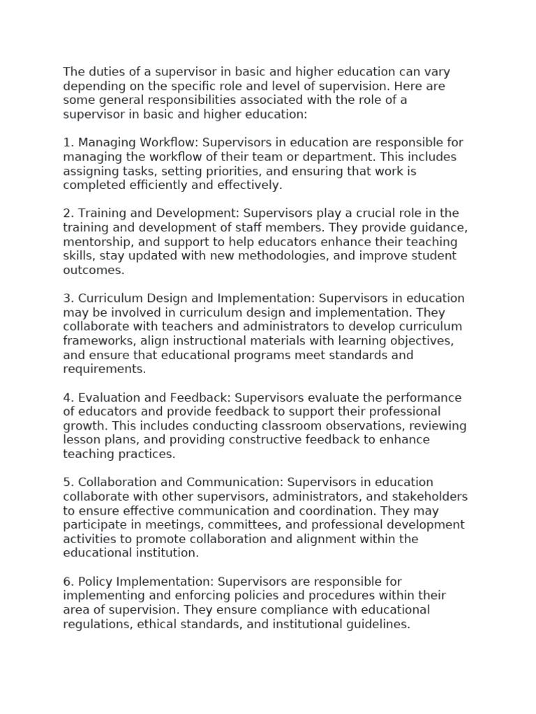 The Duties of A Supervisor in Basic and Higher Education Can Vary ...