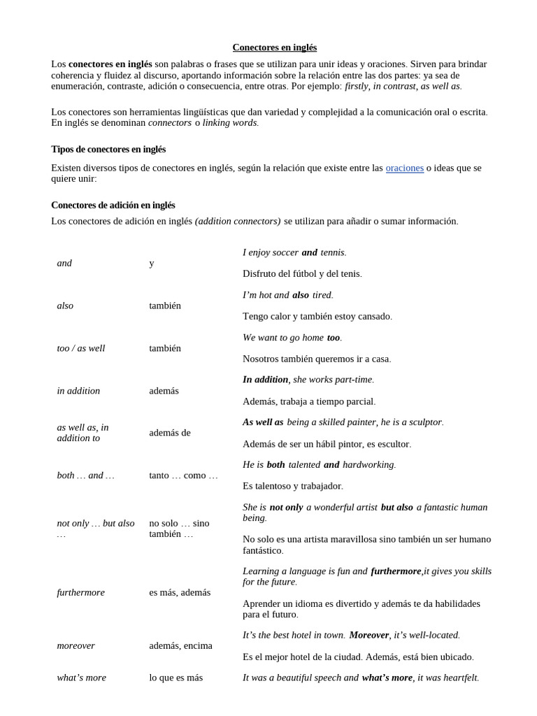 Conectores en inglés: Tipos y usos | PDF