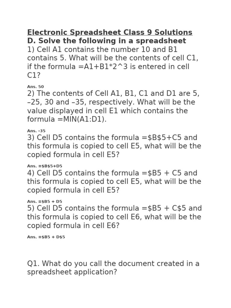 Electronic Spreadsheet Class 9 Solutions | PDF | Spreadsheet | Worksheet Electronic Spreadsheet Class 9 Solutions | PDF | Spreadsheet | Worksheet