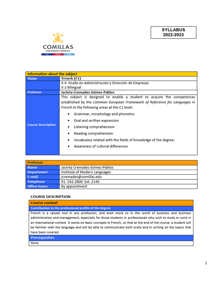 4 - French C1 Syllabus | PDF | Vocabulary | Reading Comprehension