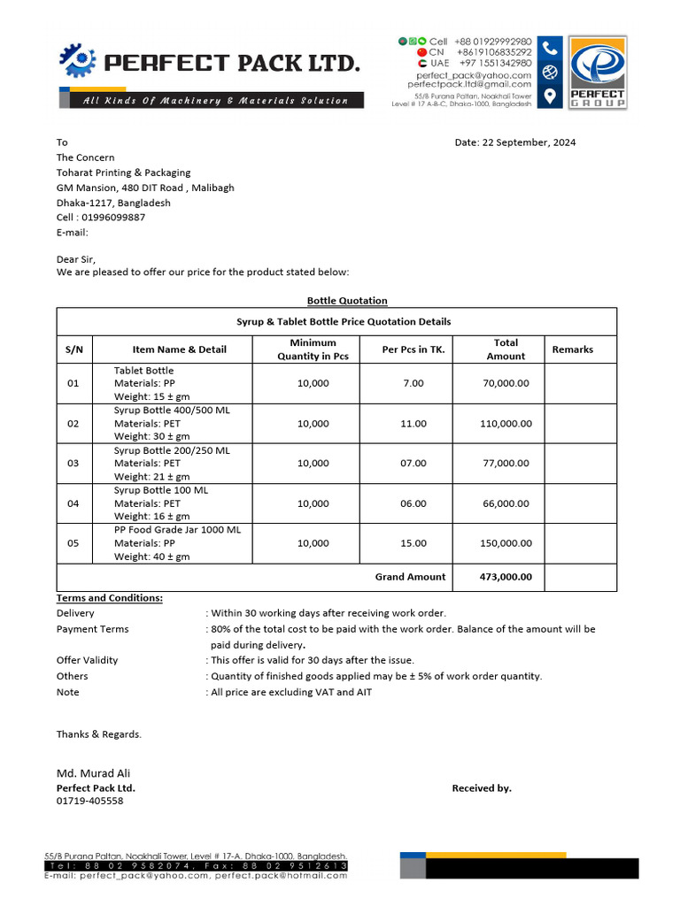 Bottle Price Quotation Details | PDF