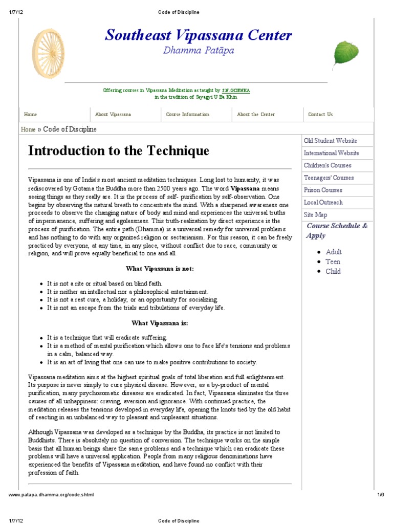 Vipassana Meditation Code of Discipline | PDF | Vipassanā | Meditation
