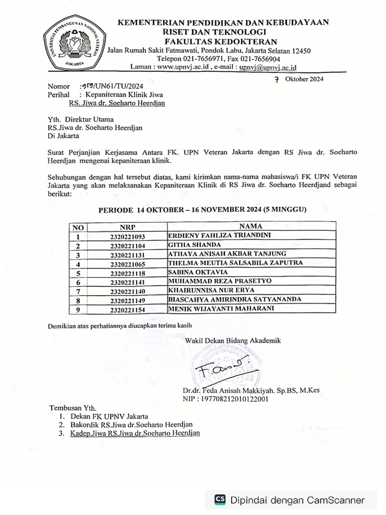 Surat Stase RSJ Soeharto Heerdjan 14 Okt | PDF