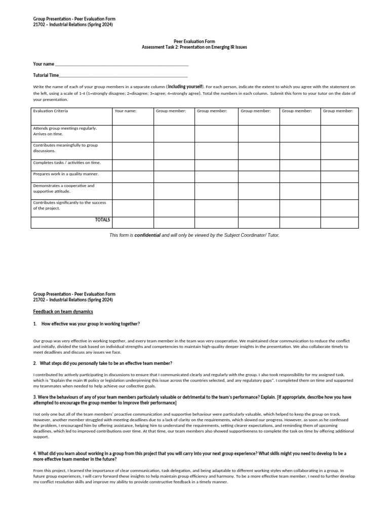 Peer Evaluation Form-1 | PDF | Cognition | Behavior Modification