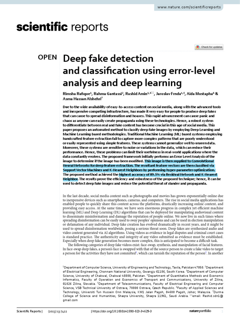 Deep Fake Detection and Classification Using Error Level Analysis and Deep Learning | PDF ...
