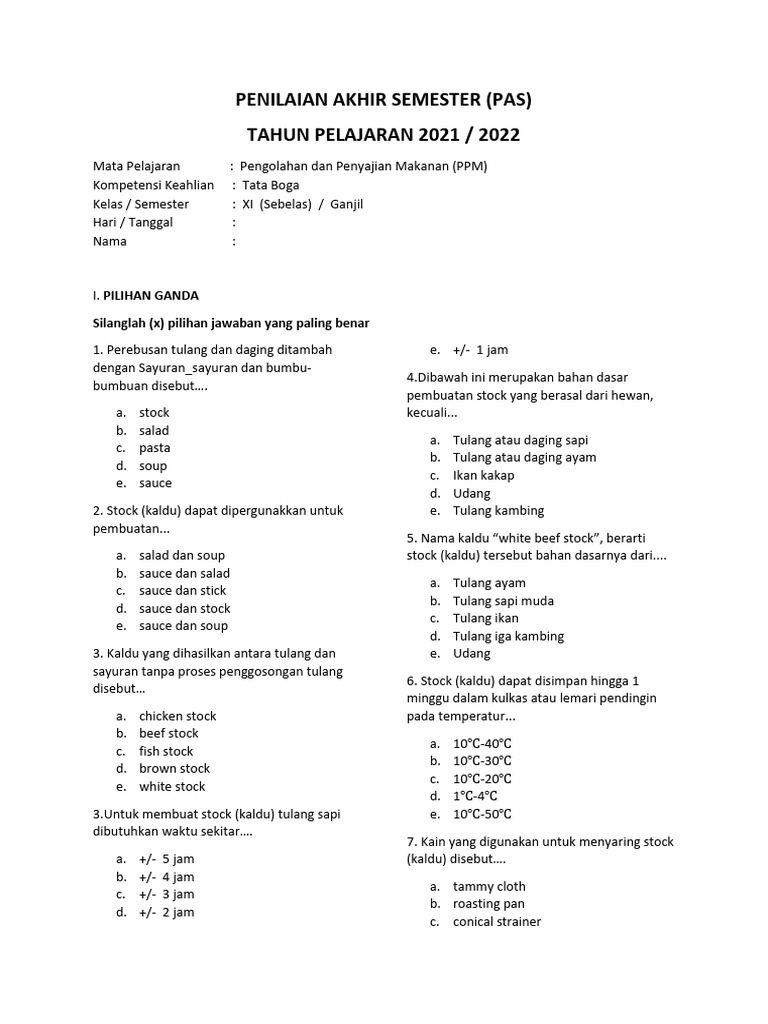 Soal Pas Fix Siswa | PDF | Memasak, Makanan, & Anggur