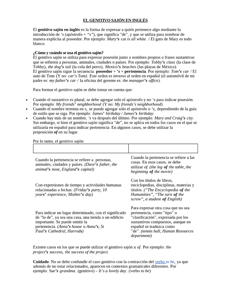 Uso del Genitivo Sajón en Inglés | PDF | Tipología Lingüística | Gramática