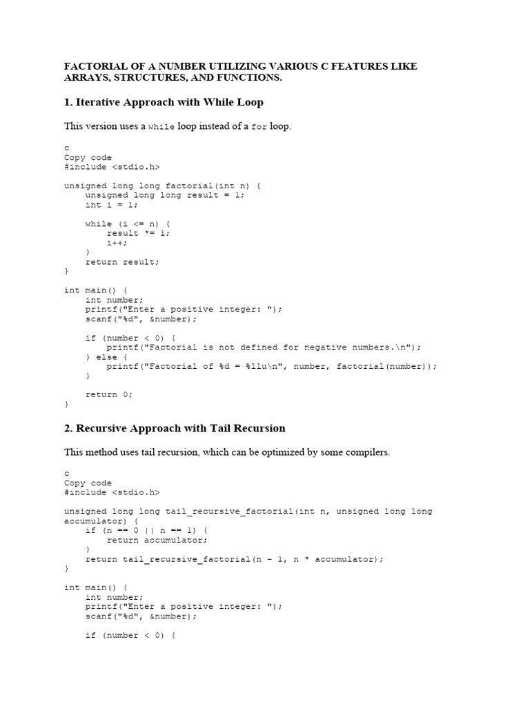 Factorial Calculation in C: Methods Explained | PDF | Control Flow ...