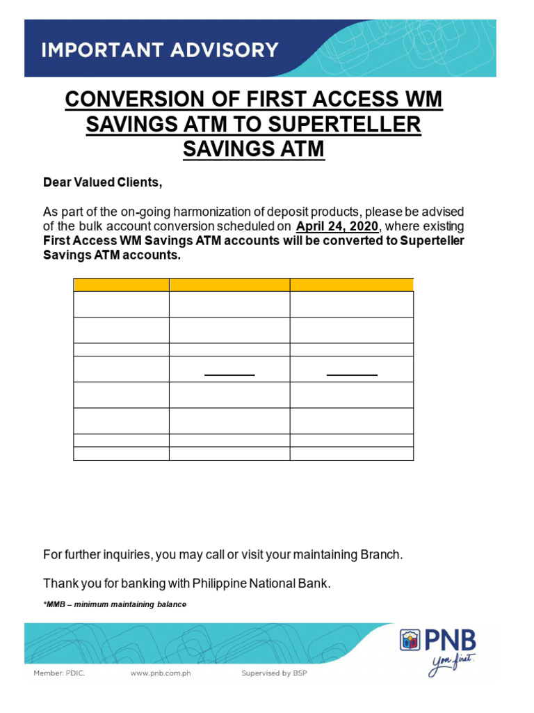 Client Advisory Conversion of First Access WM Savings ATM To ...
