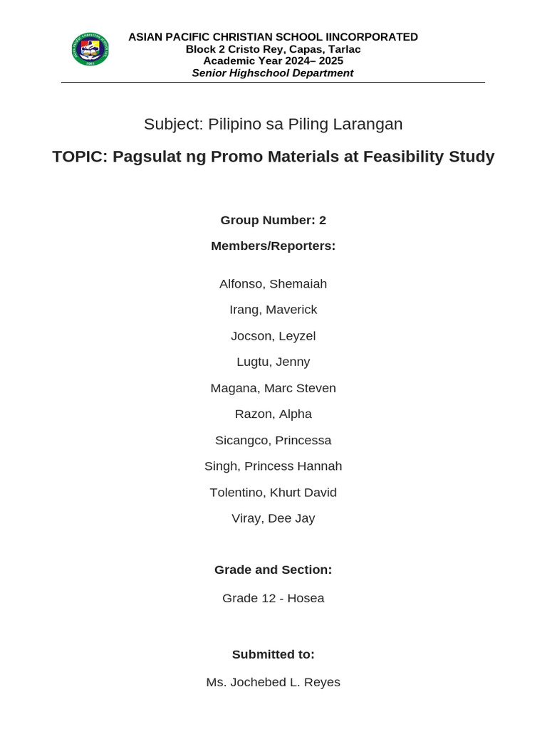 Group 2 PAGSULAT NG PROMO MATERIALS AT FEASIBILITY STUDY 12 HOSEA | PDF