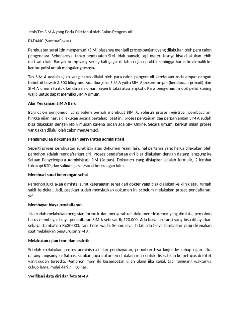 Tes SIM A: Panduan Lengkap dan Jenis Ujian | PDF | Karier ...
