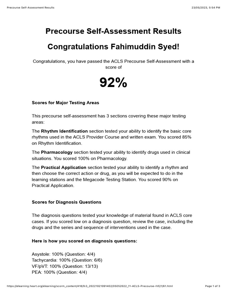 Precourse Self-Assessment Results | PDF | Cardiology | Medical Specialties