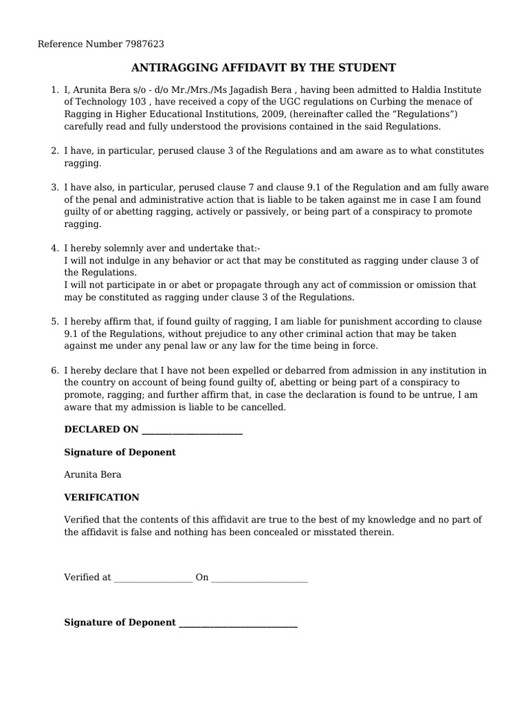 Anti-Ragging Affidavit: Student & Parent | PDF | Affidavit | Justice