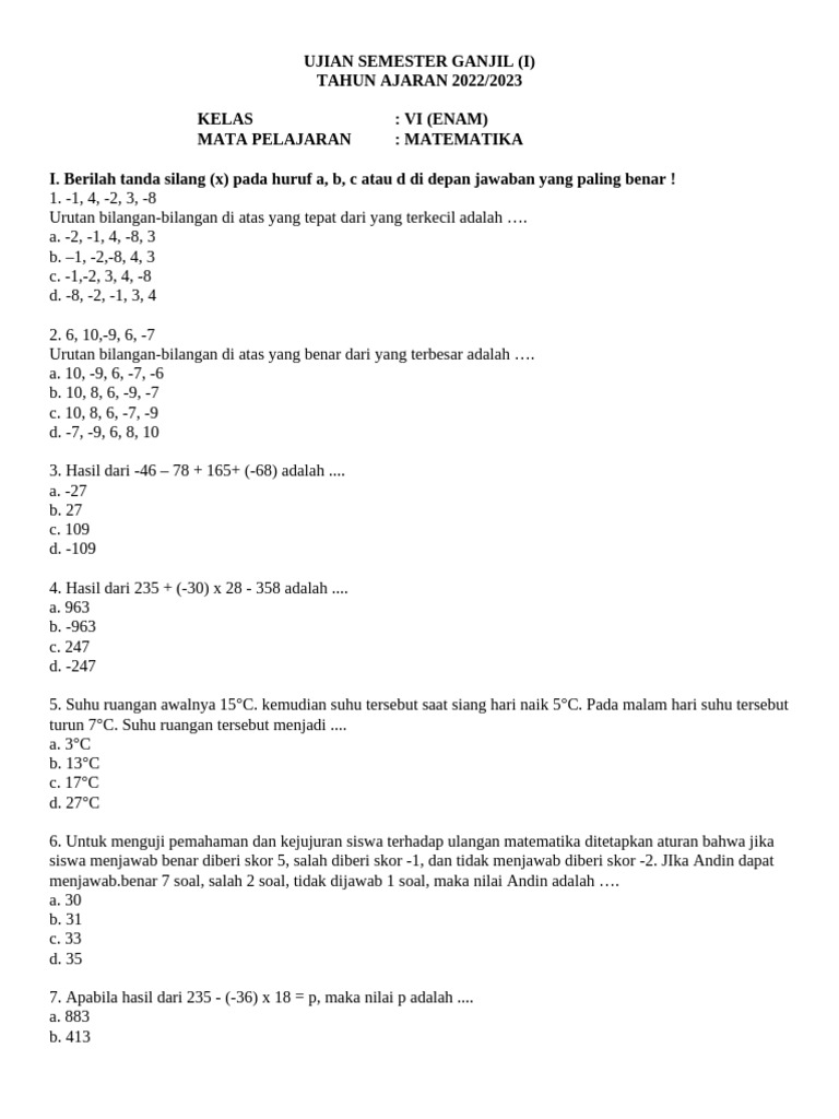 Ujian Matematika Kelas VI 2022/2023 | PDF