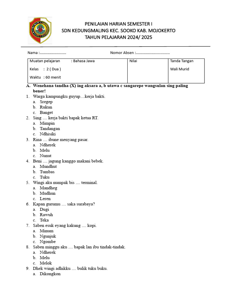 Soal UH Bahasa Jawa Kelas 2 | PDF | Griya & Taman