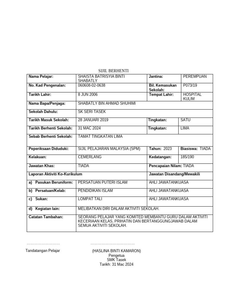 Template SIJIL BERHENTI SPM 2023 - SHAISTA | PDF