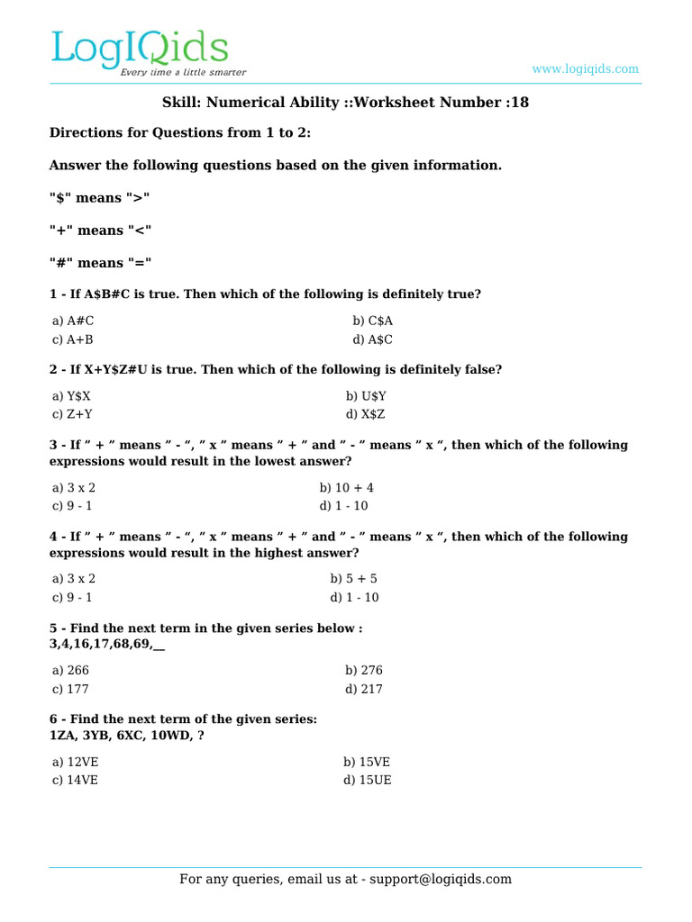 Skill: Numerical Ability::Worksheet Number:18 | PDF