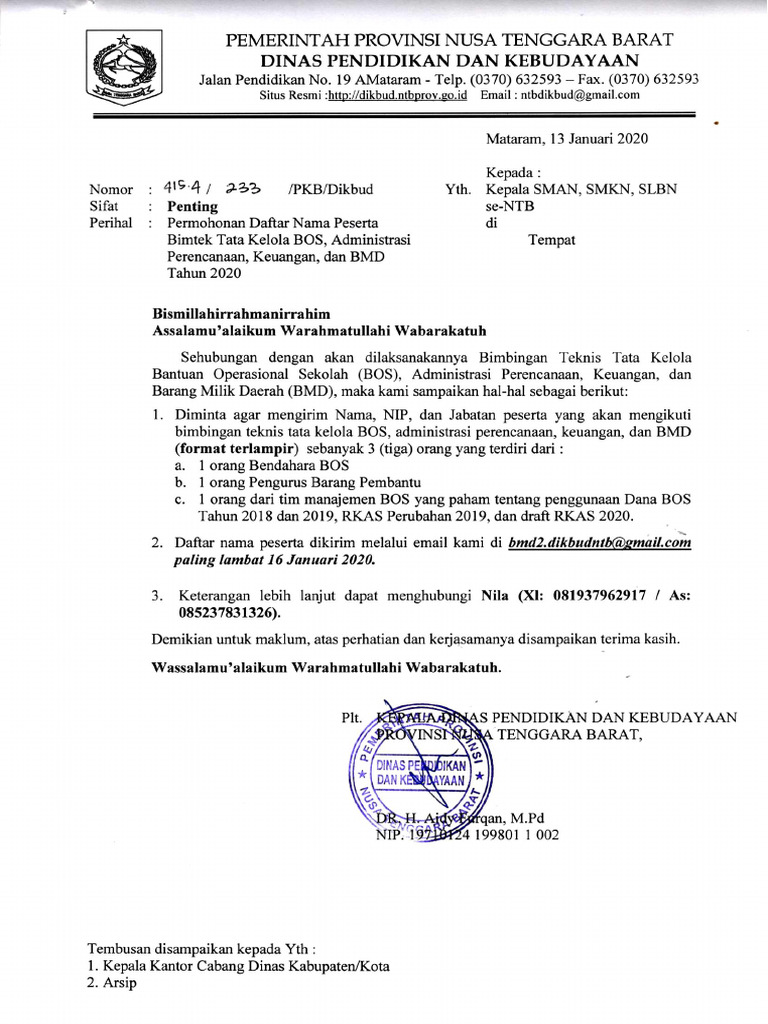 Surat Permintaan Nama Peserta Bimtek Tata Kelola Bos 2020 | PDF