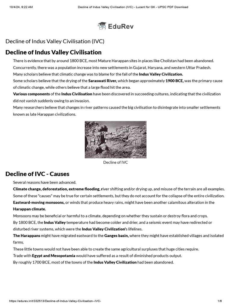 Decline of Indus Valley Civilisation (IVC) - Lucent For GK - UPSC PDF ...