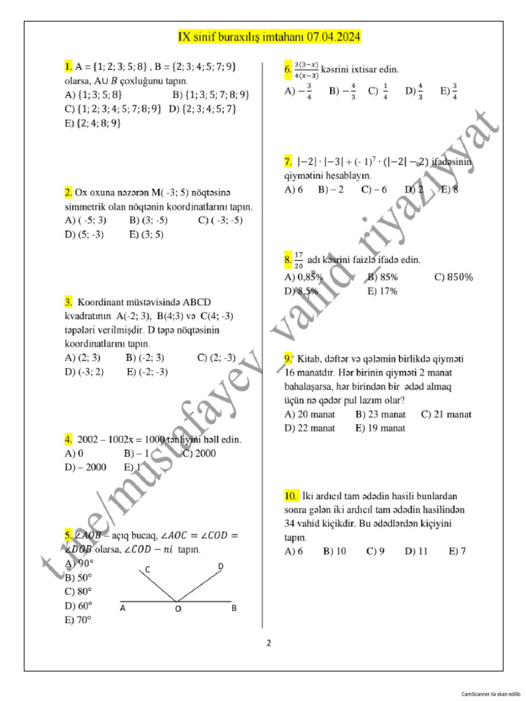 7 Aprel 2024 IX Sinif Buraxılış İmtahanı Təmiz PDF | PDF