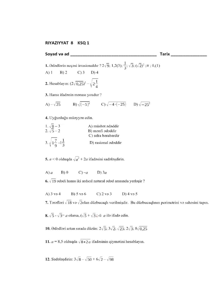 Riyaziyyat VIII Sinif. KSQ-1 | PDF