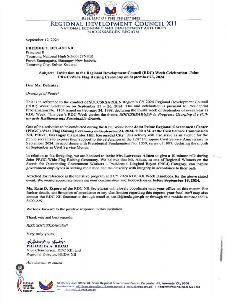 Letter to TCNHS_Flag Raising RP | PDF | Government