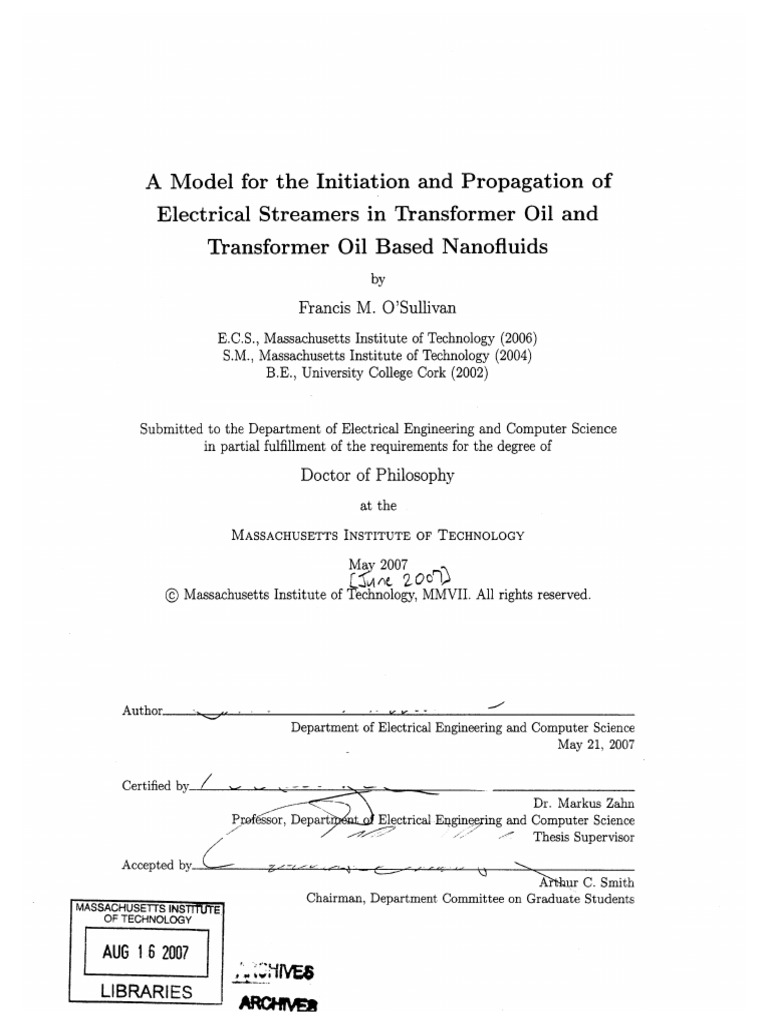 A Model For The Initiation and Propagation of Electrical Streamers in Transformer Oil and ...