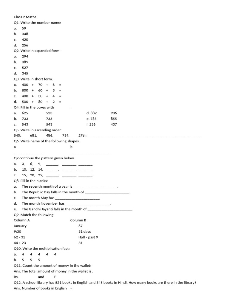 Class 2 Maths | PDF | Teaching Methods & Materials