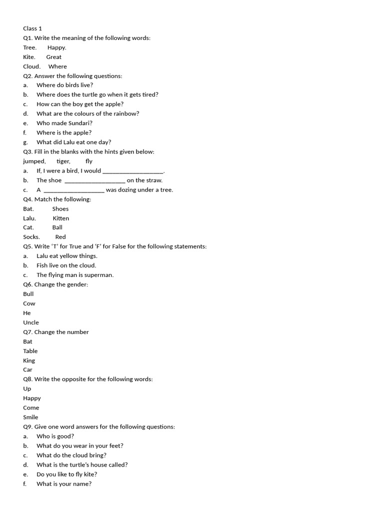 Class 1 English | PDF