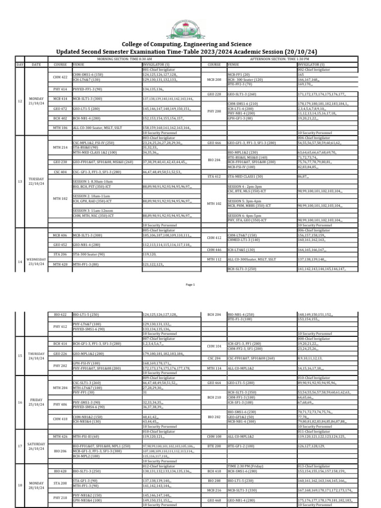 New Updated Final Second Semester Exams Timetable 2023-2024 | PDF