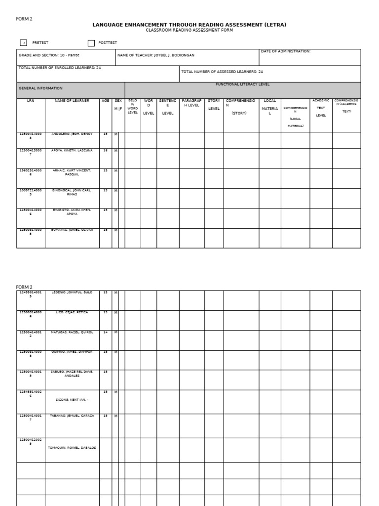 Form 2 - Classroom Reading Assessment Form | PDF | Reading ...