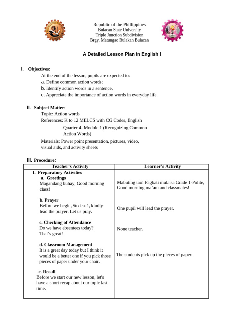 Action Words Lesson Plan for Grade 1 | PDF | Language Arts & Discipline