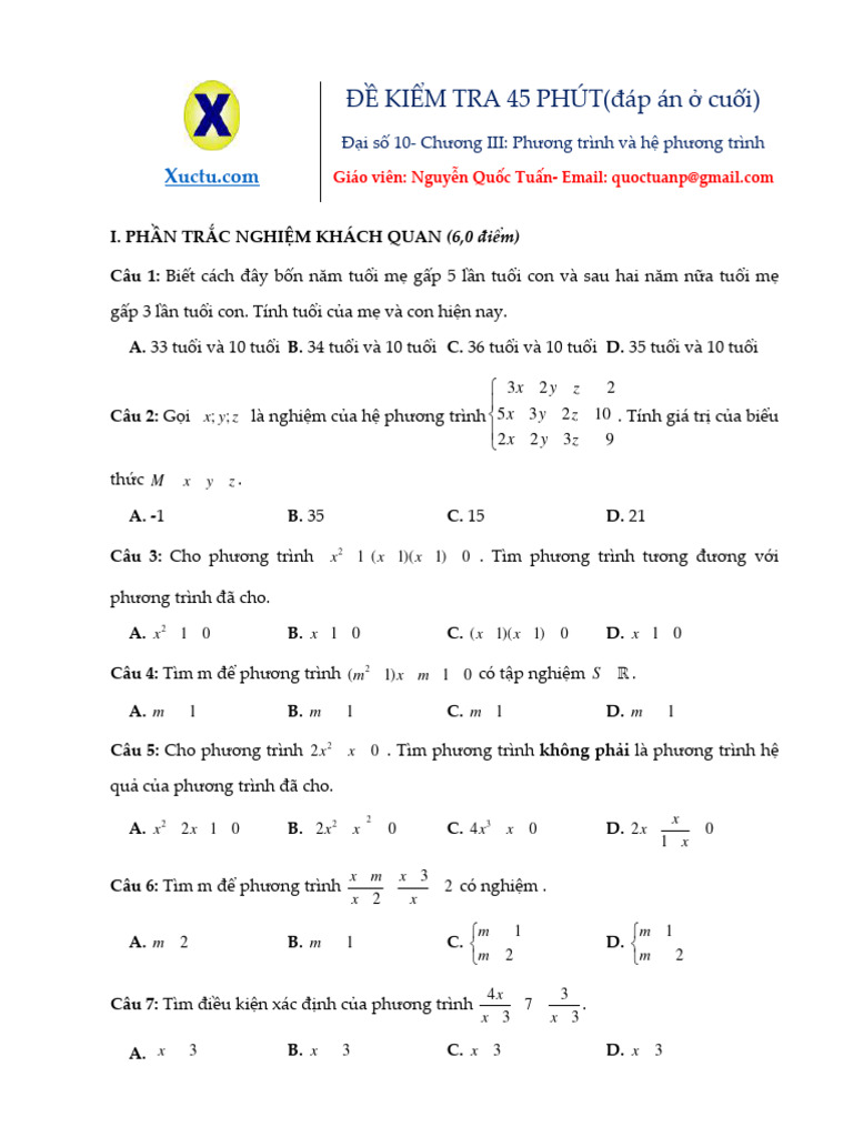 10.de Ktra 45p Dai So 10 Chuong 3 Phuong Trinh Va He Phuong Trinh So 2 | PDF