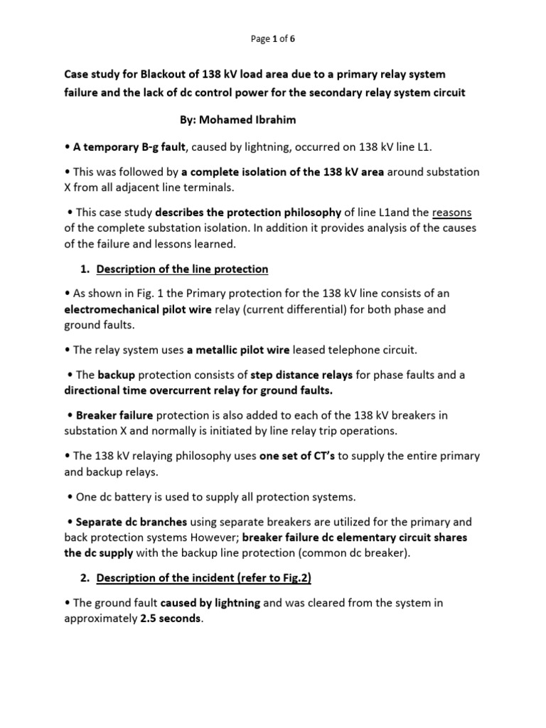 Case Study For Blackout of 138 KV Area During L-G Fault Cleared by ...