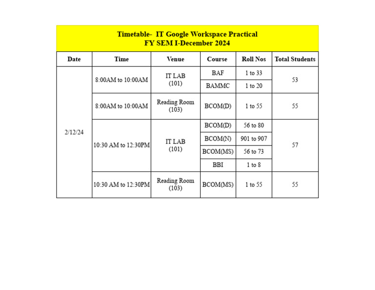 Timetable - IT Google Workspace Practical Exam - FY SEM I DEC-24 | PDF