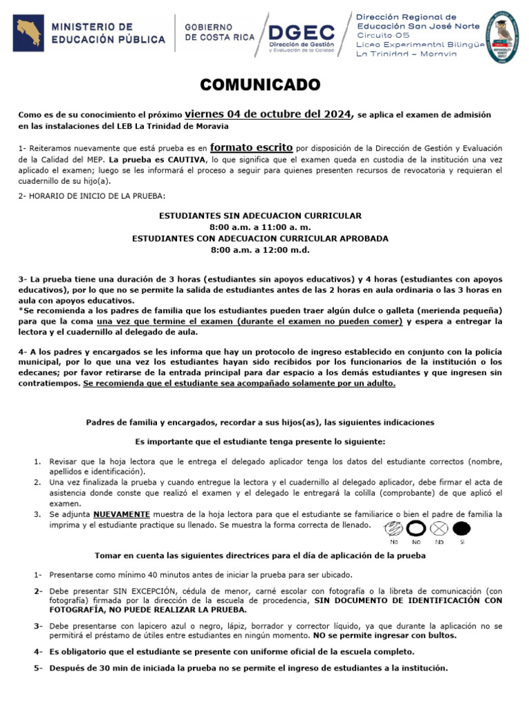 Comunicado 2- APLICACIÓN ESCRITA EXAMEN DE ADMISIÓN | PDF