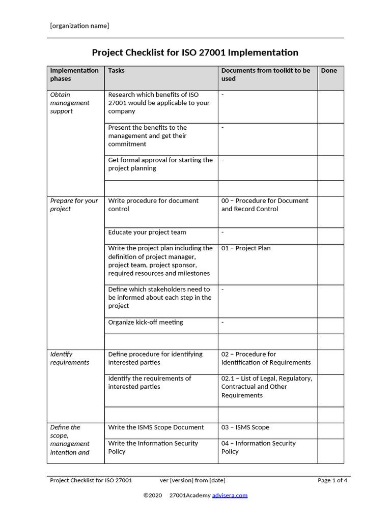 Project Checklist For ISO 27001 Toolkit Implementation EN | PDF | Audit ...