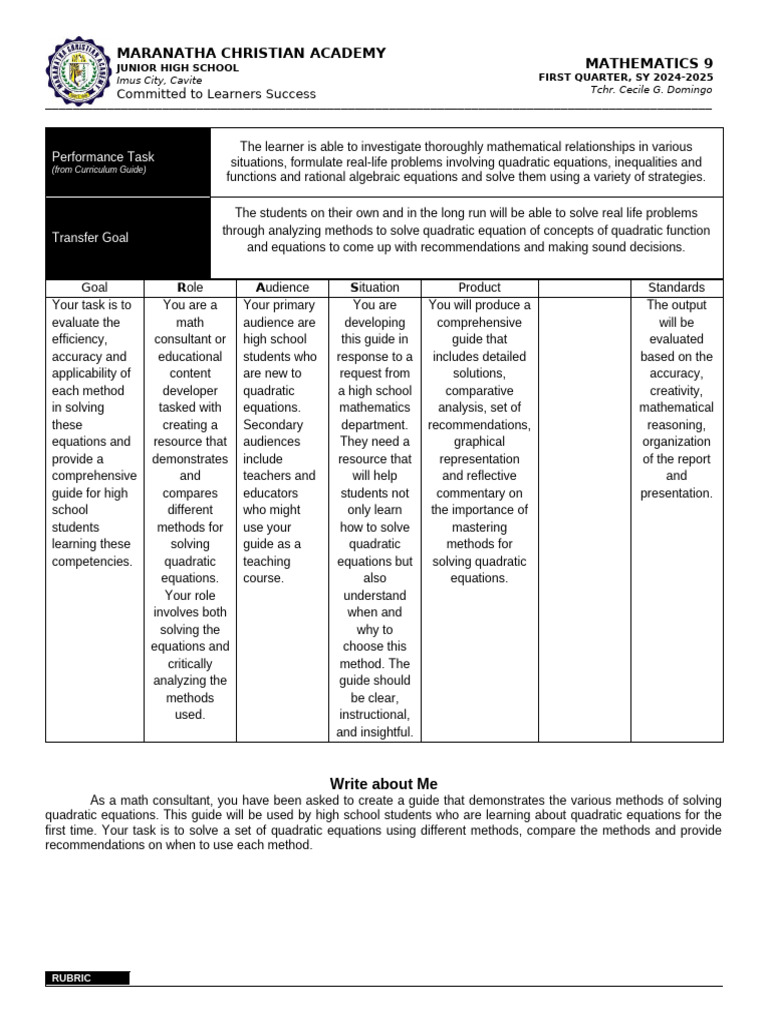 Grade 9 Quadratic Performance Task Guide | PDF | Mathematics | Equations
