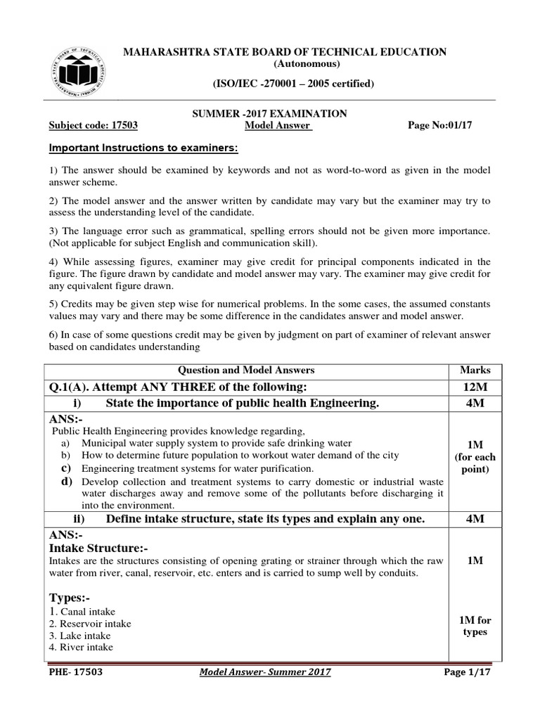 17503 2017 Summer Model Answer Paper | PDF | Water Purification | Sewage Treatment