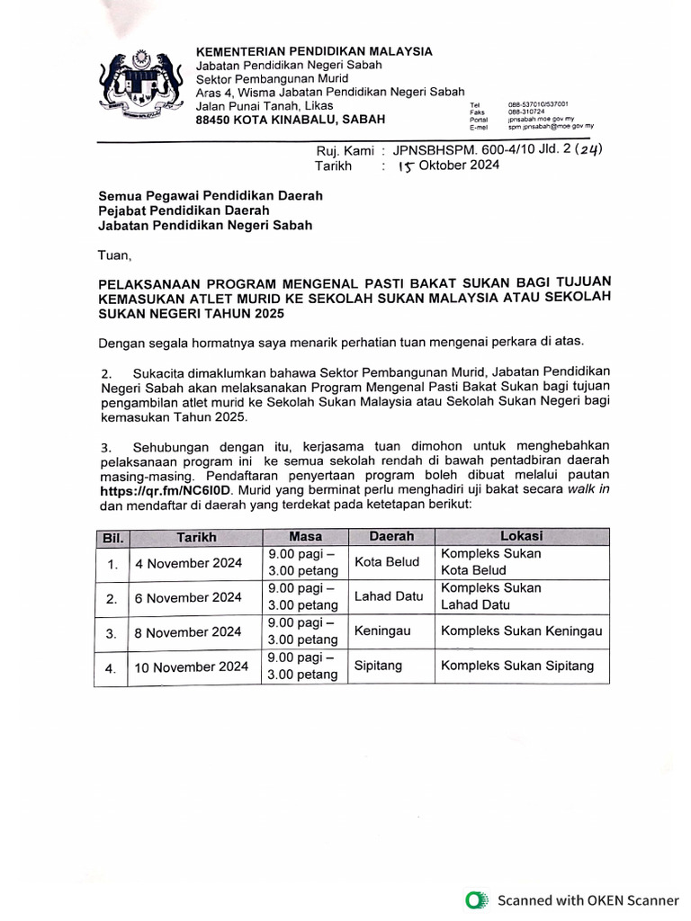 Surat Hebahan Pelaksanaan Program TID Utk Kemasukan Ke Sekolah Sukan ...
