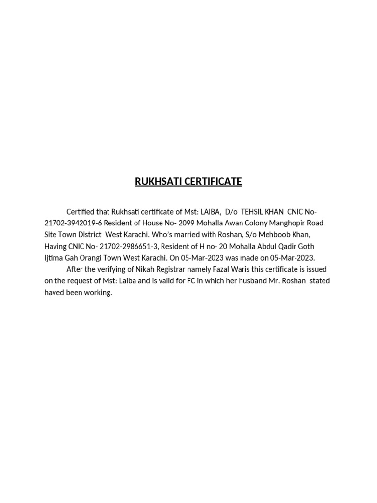 Rukhsati Certificate | PDF