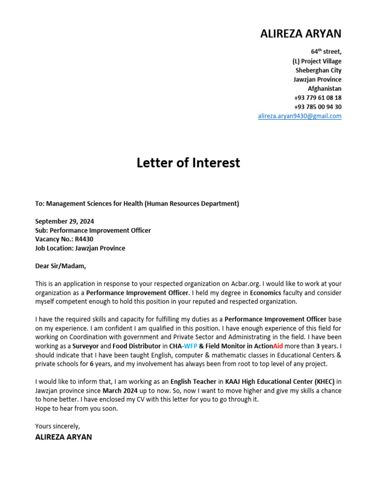 Application for Performance Improvement Officer | PDF | Teachers ...