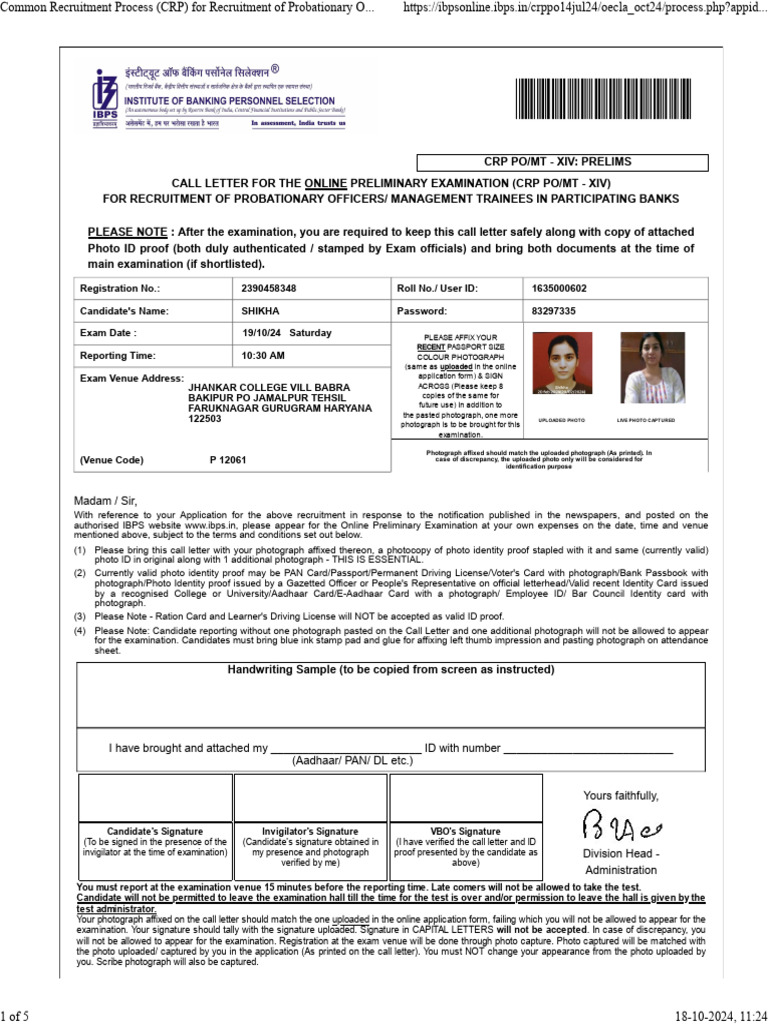 CRP PO/MT XIV Exam Call Letter | PDF | Identity Document | Driver's License