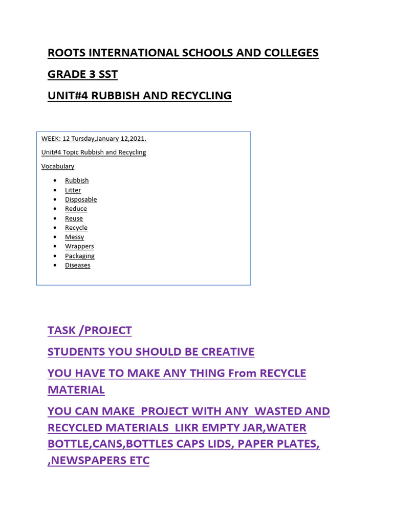 Roots International Schools and Colleges Grade 3 SST Unit#4 Rubbish and ...