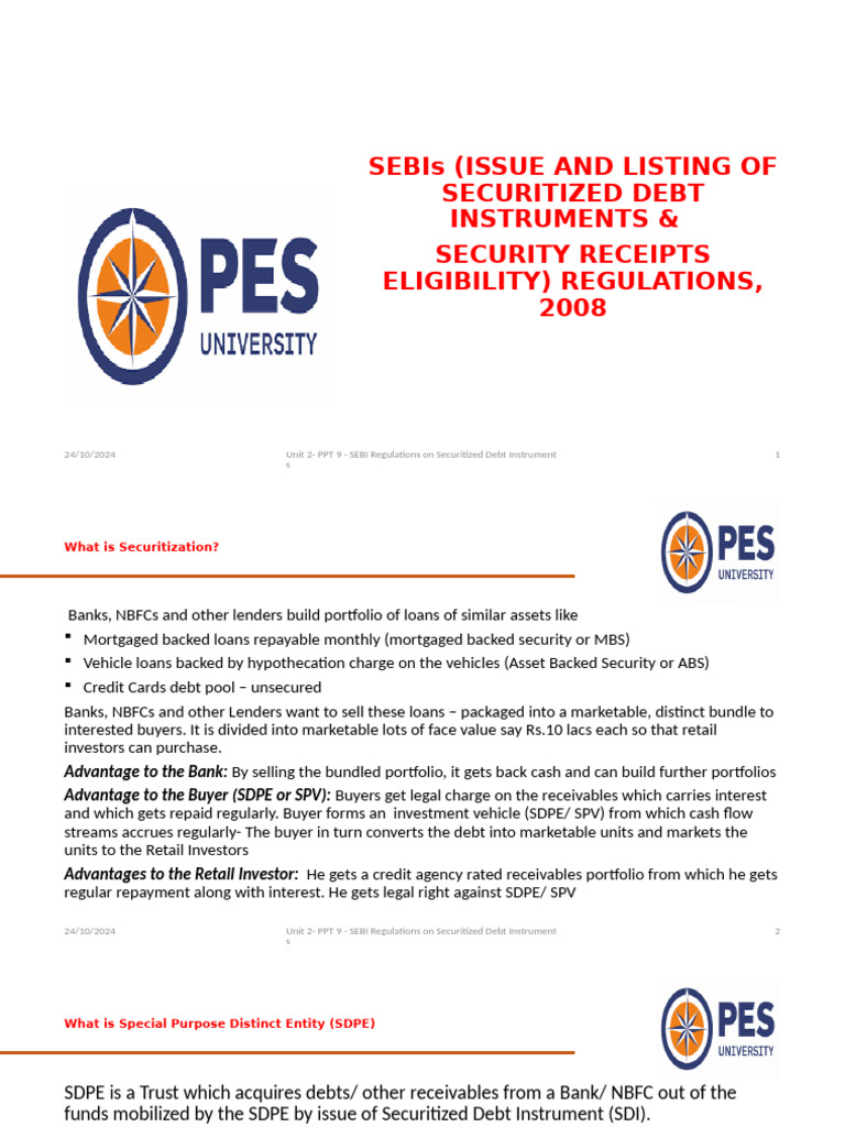 SEBI Regulations on Securitized Debt Instruments | PDF | Securitization ...
