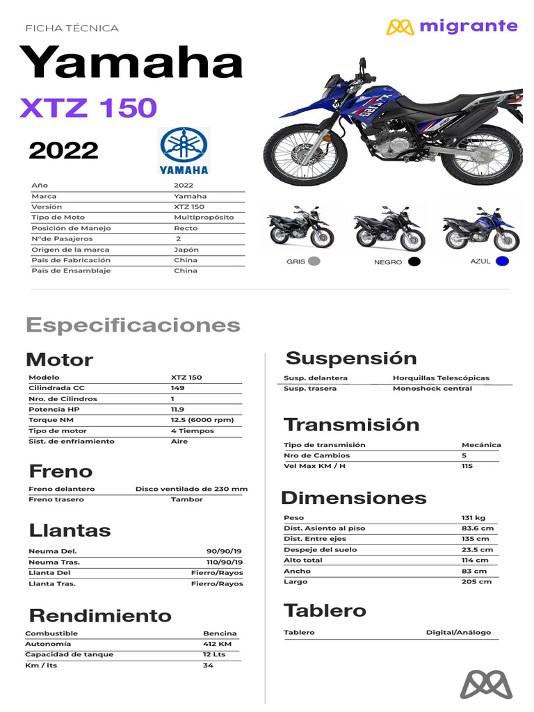 Yamaha XTZ 150 2022: Ficha Técnica Completa | PDF | Motocicleta ...