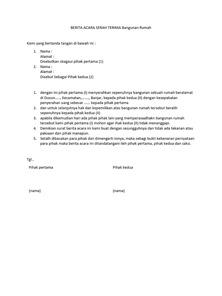 surat berita acara serah terima unit rumah | PDF