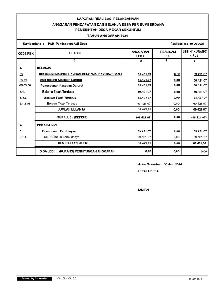 Realisasi Anggaran Desa 2024 | PDF