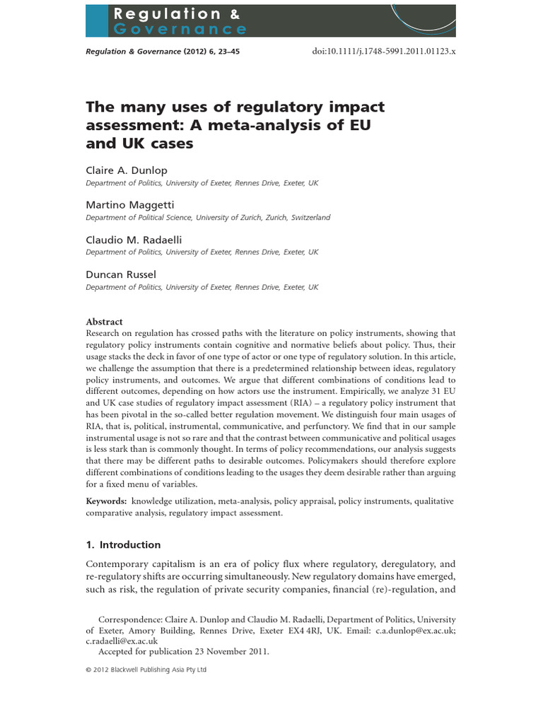Regulation Governance - 2012 - Dunlop - The Many Uses of Regulatory ...