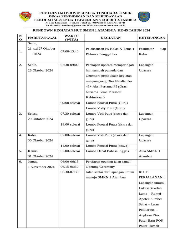 Rundown Kegiatan Hut SMKN 1 Atambua Ke-45 Tahun 2024 | PDF